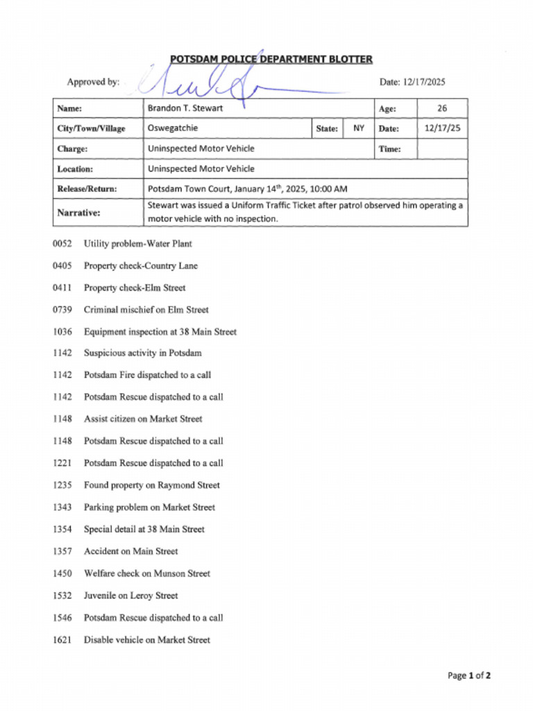 Potsdam Village Police Dept. Blotter Dec. 18, 2025 | PDF