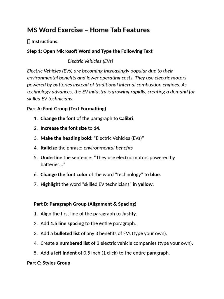 MS Word Exercise: Home Tab Skills | PDF