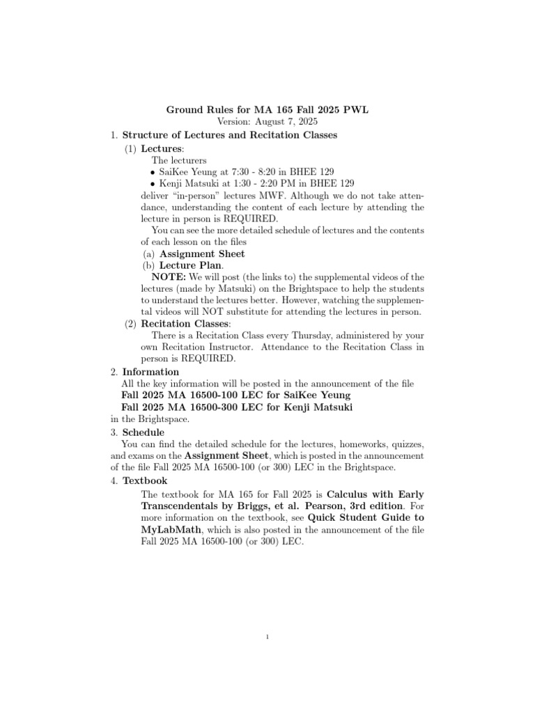 MA 165 Fall 2025 Course Guidelines | PDF | Quiz