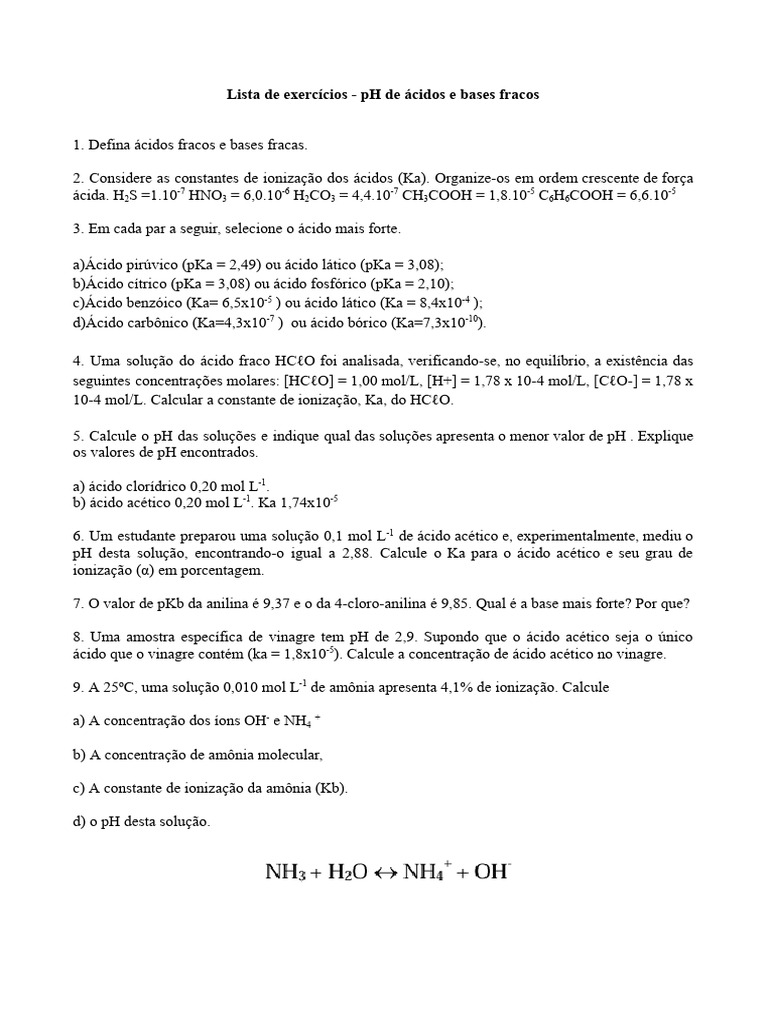Exercícios sobre pH de Ácidos e Bases Fracas | PDF