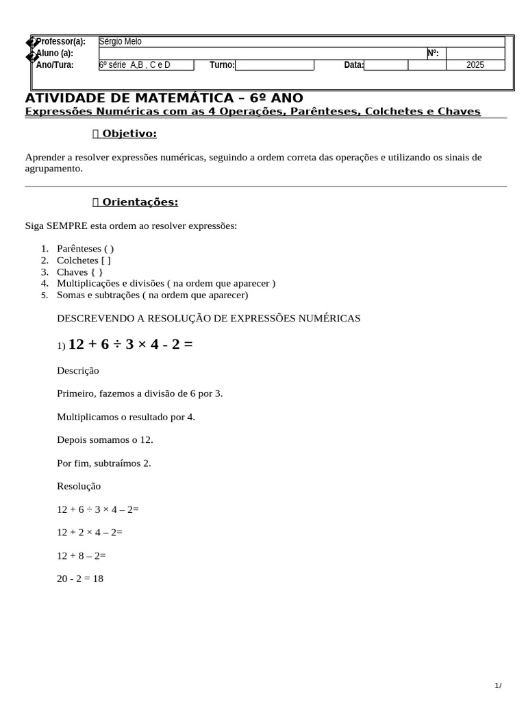 Expressões Numéricas para 6º Ano | PDF | Matemática