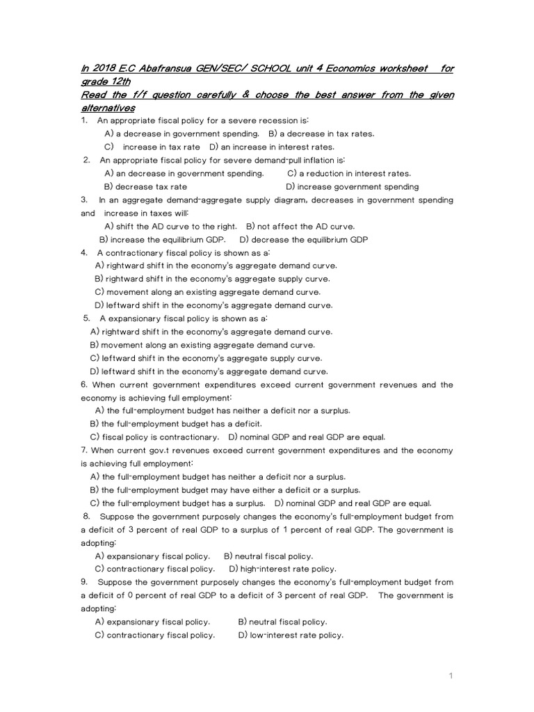 Grade 12 Unit 4 Economics Worksheet | PDF | Fiscal Policy | Exchange Rate