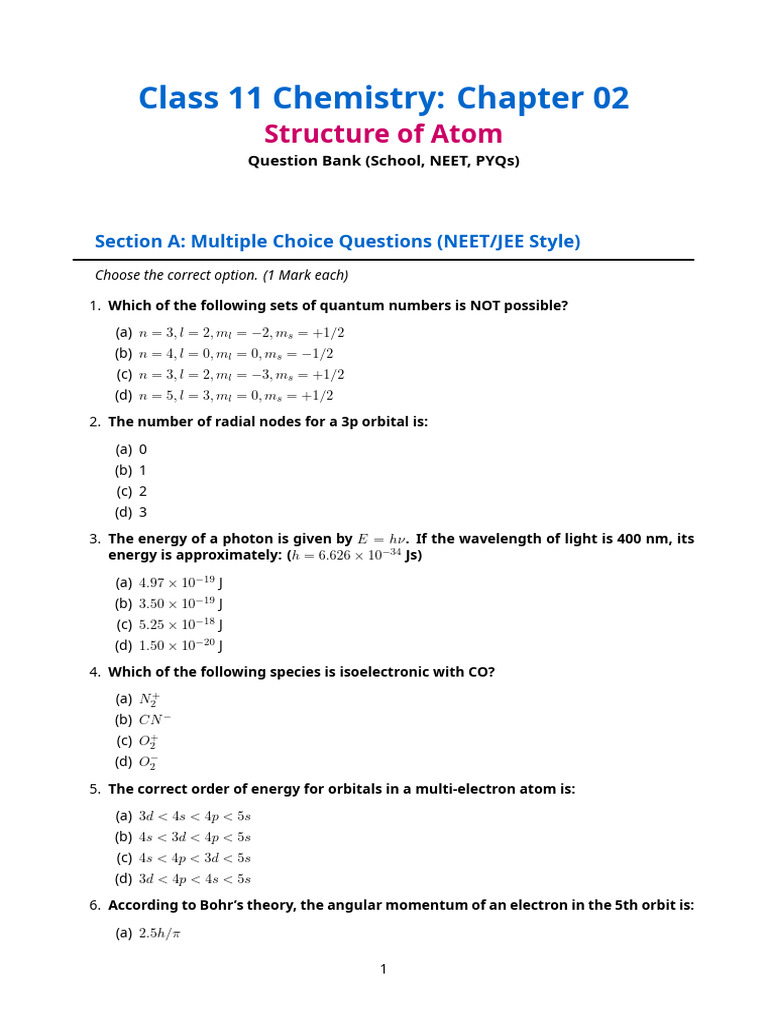 Structure of Atom Question Bank | PDF | Atomic Orbital | Applied And ...