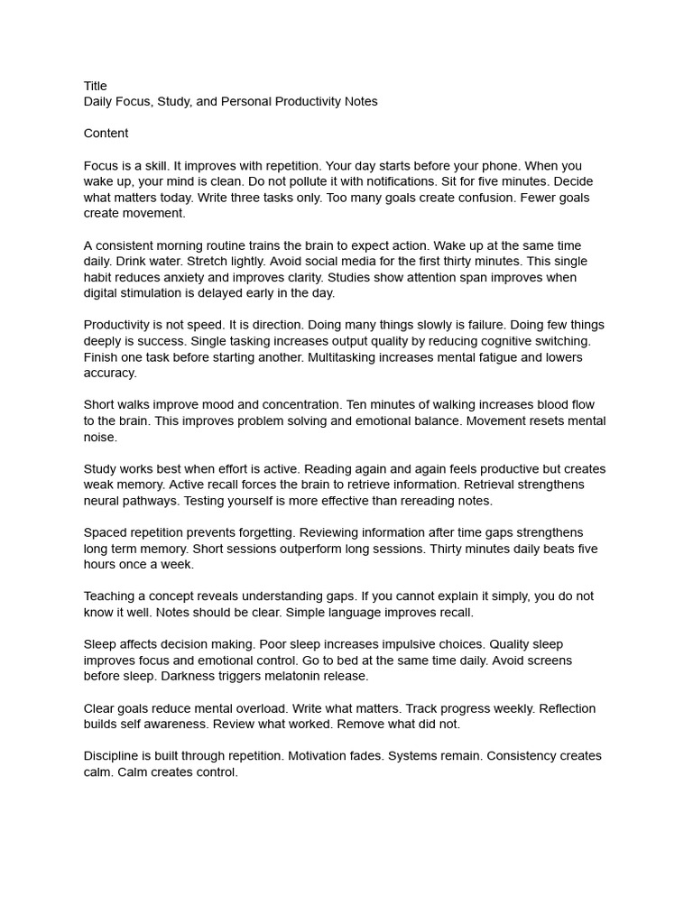 Daily Focus, Study, and Personal Productivity Notes | PDF