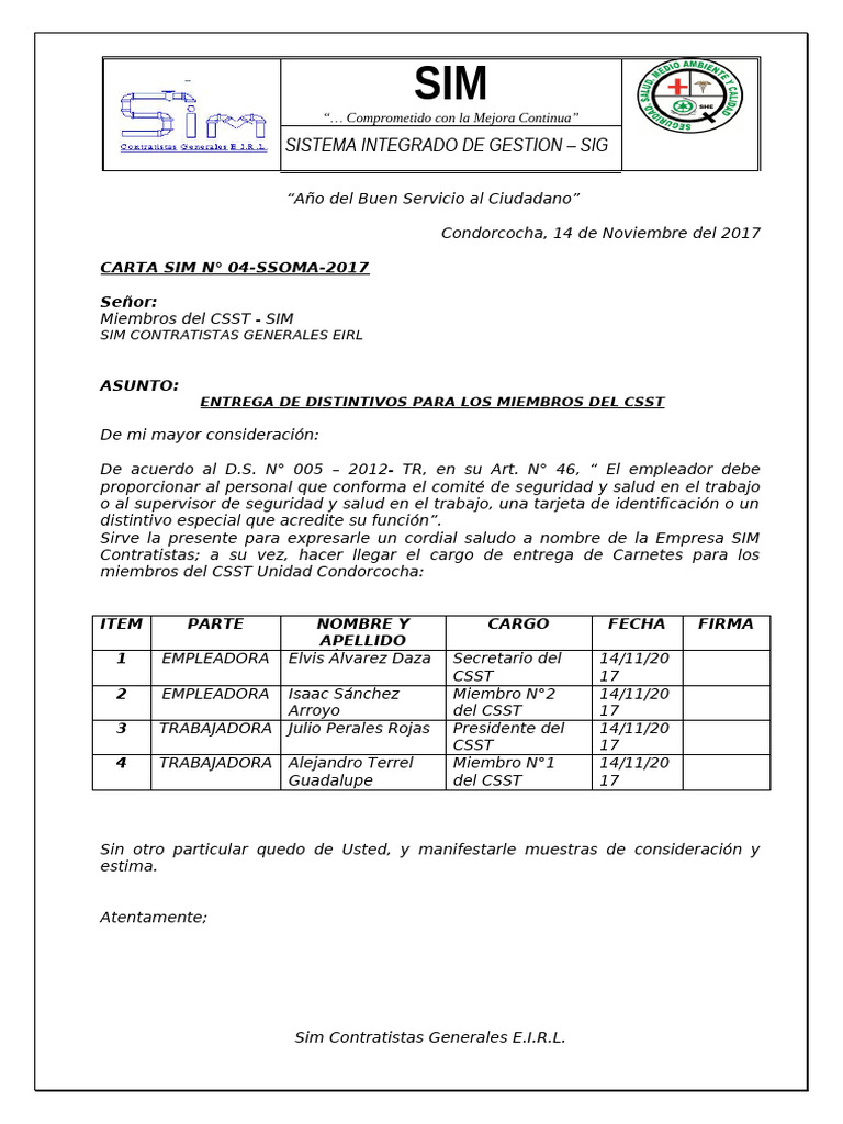 Carta 04 - Entrega de Distintivos para Los Miembros Del CSST | PDF