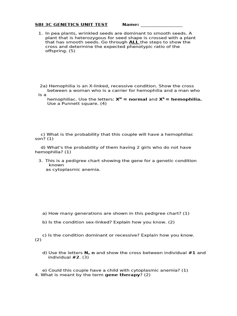 Genetics Unit Test Short Ans Fall09 | PDF | Dominance (Genetics) | Genetics