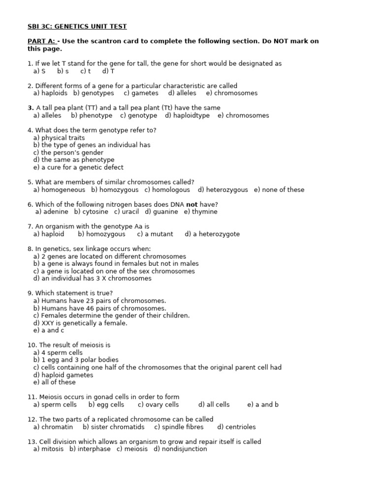 Genetics Unit Test Questions and Answers | PDF | Zygosity | Genetics