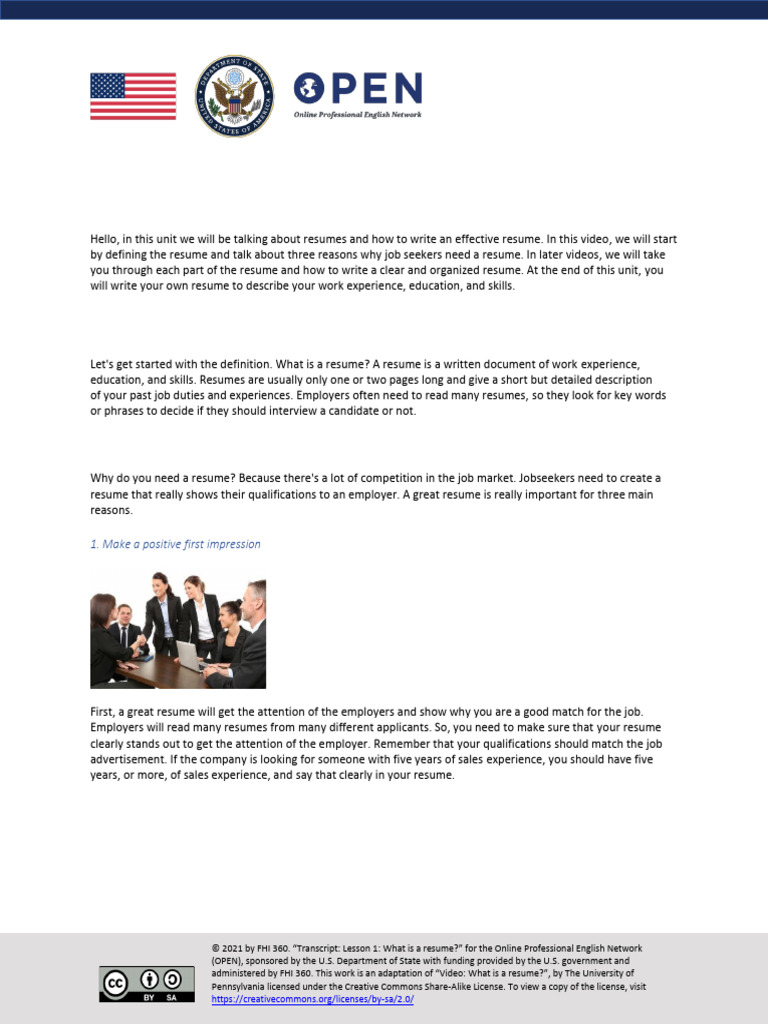 Transcript Lesson 1 What Is A Resume | PDF | Résumé