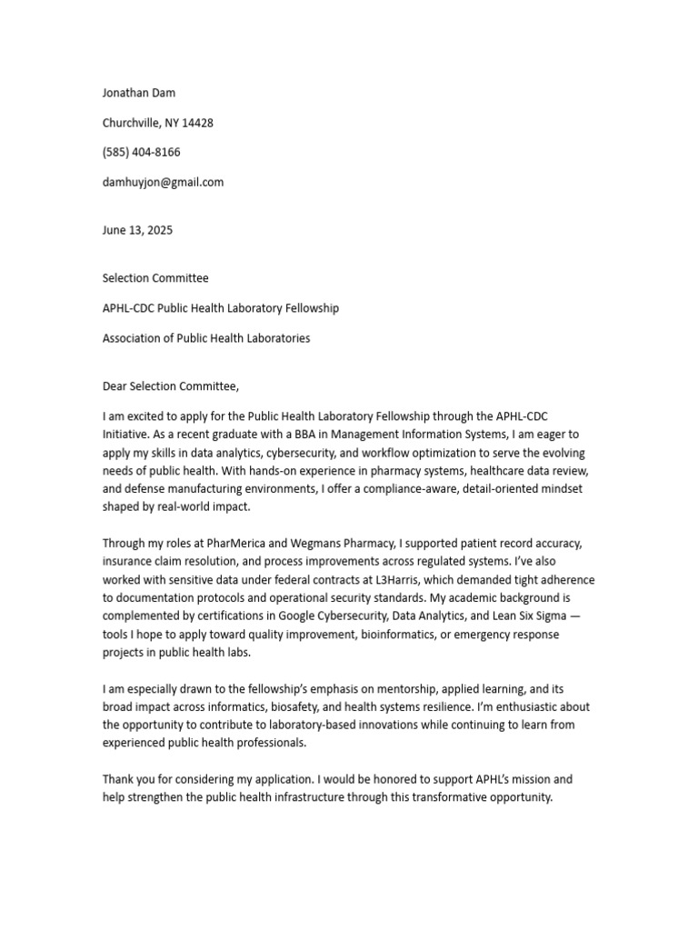 Jonathan Dam Cover Letter APHL Fellowship | PDF
