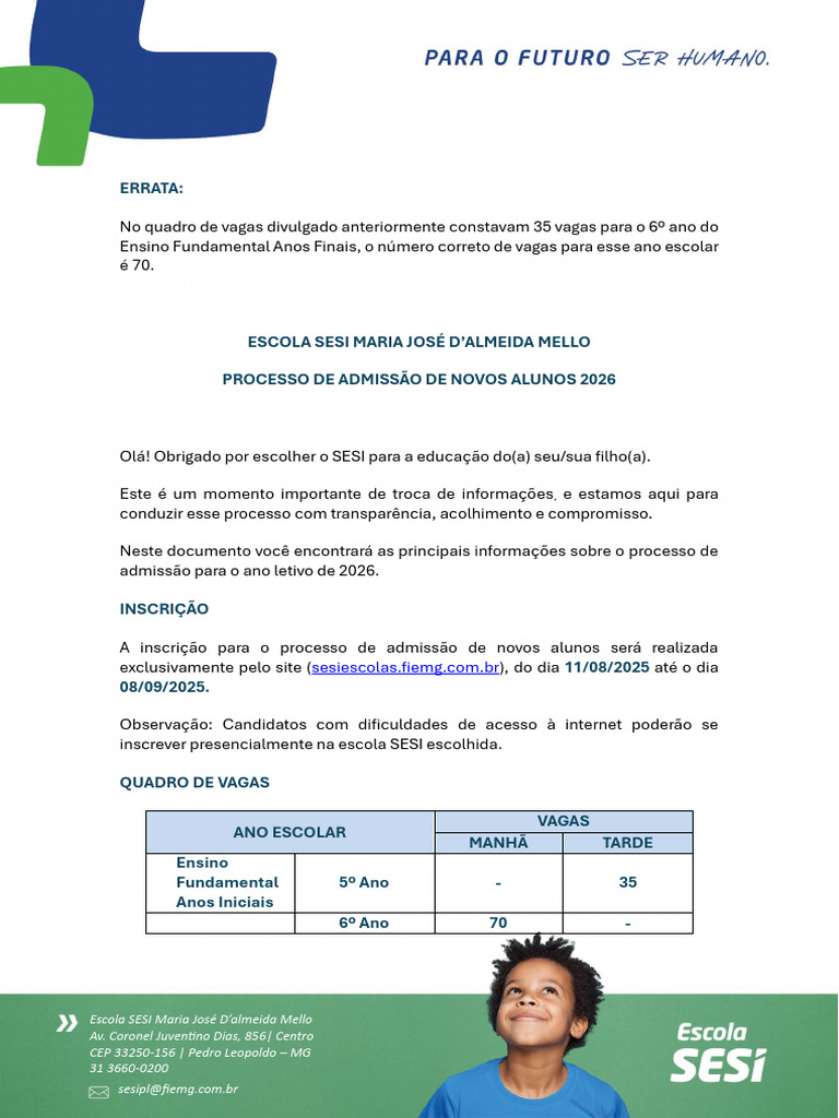Admissão de Alunos SESI 2026: Vagas e Inscrição | PDF | Matemática ...