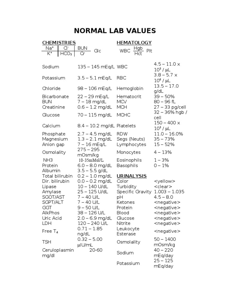 Normal Lab Values | PDF