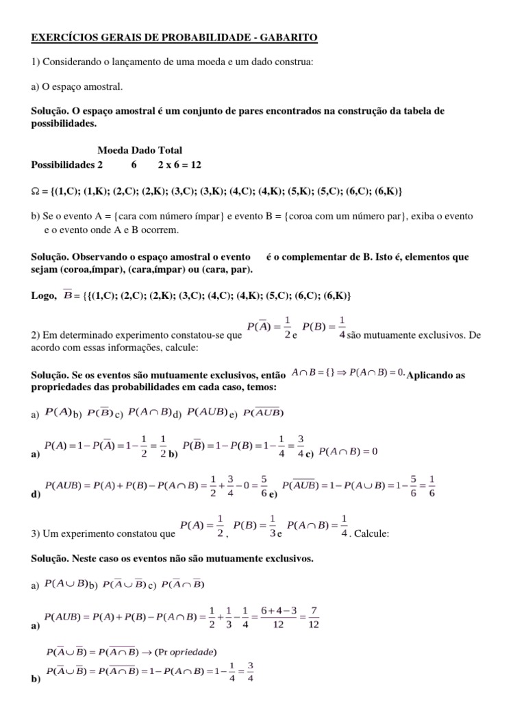 Exercícios de Probabilidade com Gabarito | PDF | Vermelho | Probabilidade
