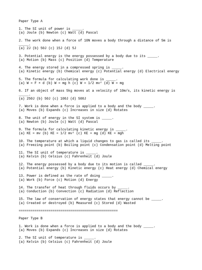 Physics Energy and Work Quiz | PDF | Temperature | Heat Transfer