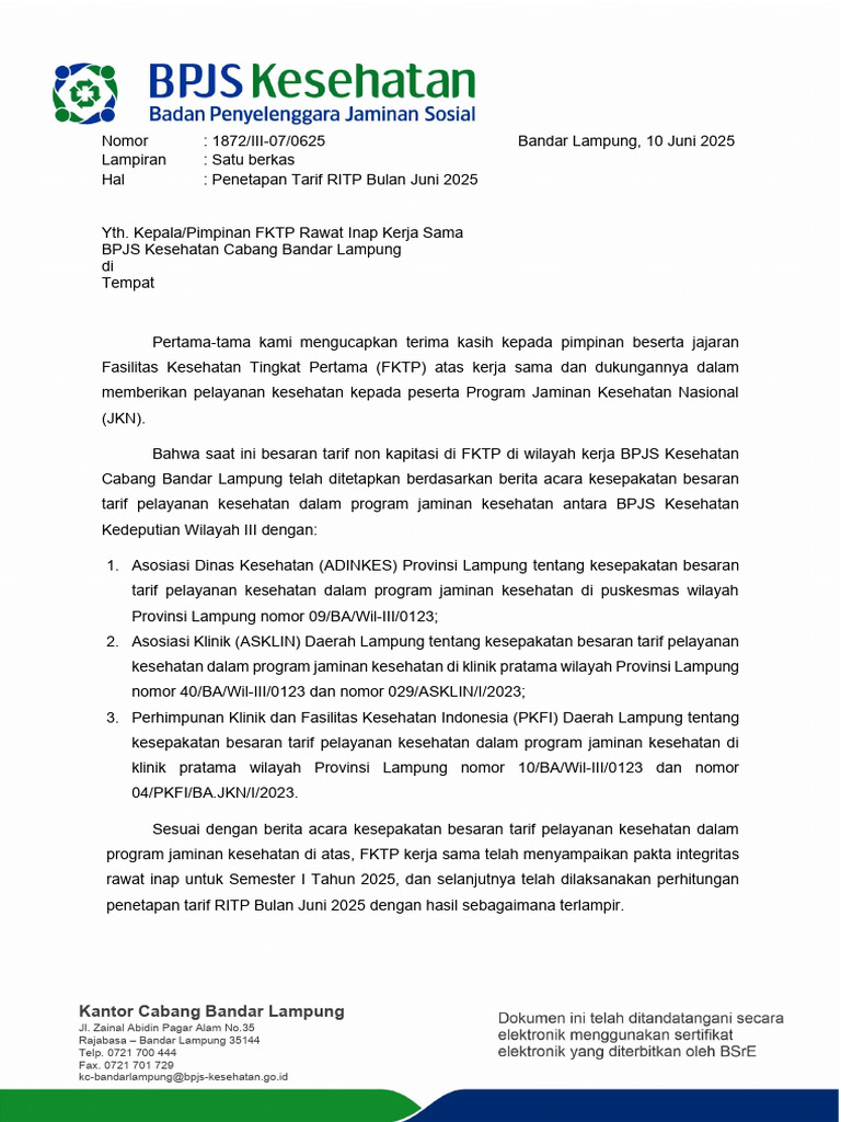 1872. Surat Penetapan Tarif Ritp Bulan Juni 2025 | PDF