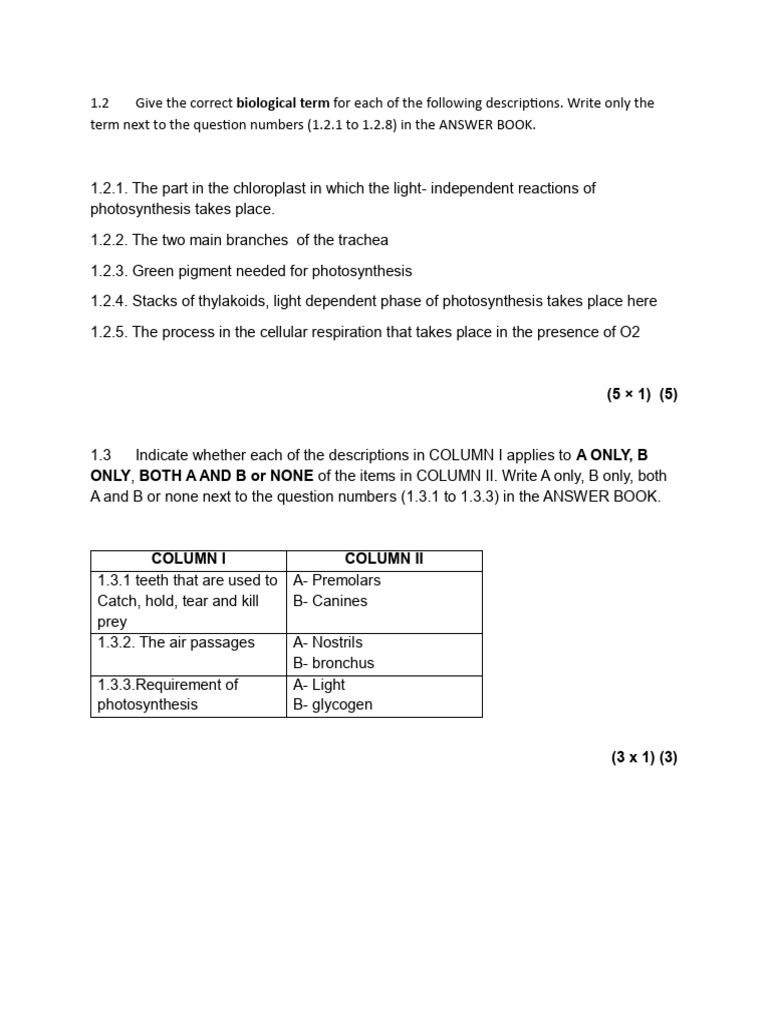1.2 Give The Correct For Each of The Following Descriptions. Write Only ...
