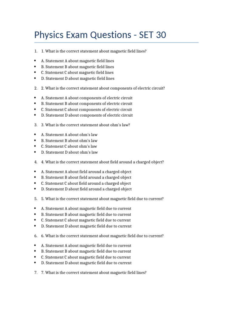 Physics Exam Questions Set 30 | PDF | Magnetic Field | Electric Field
