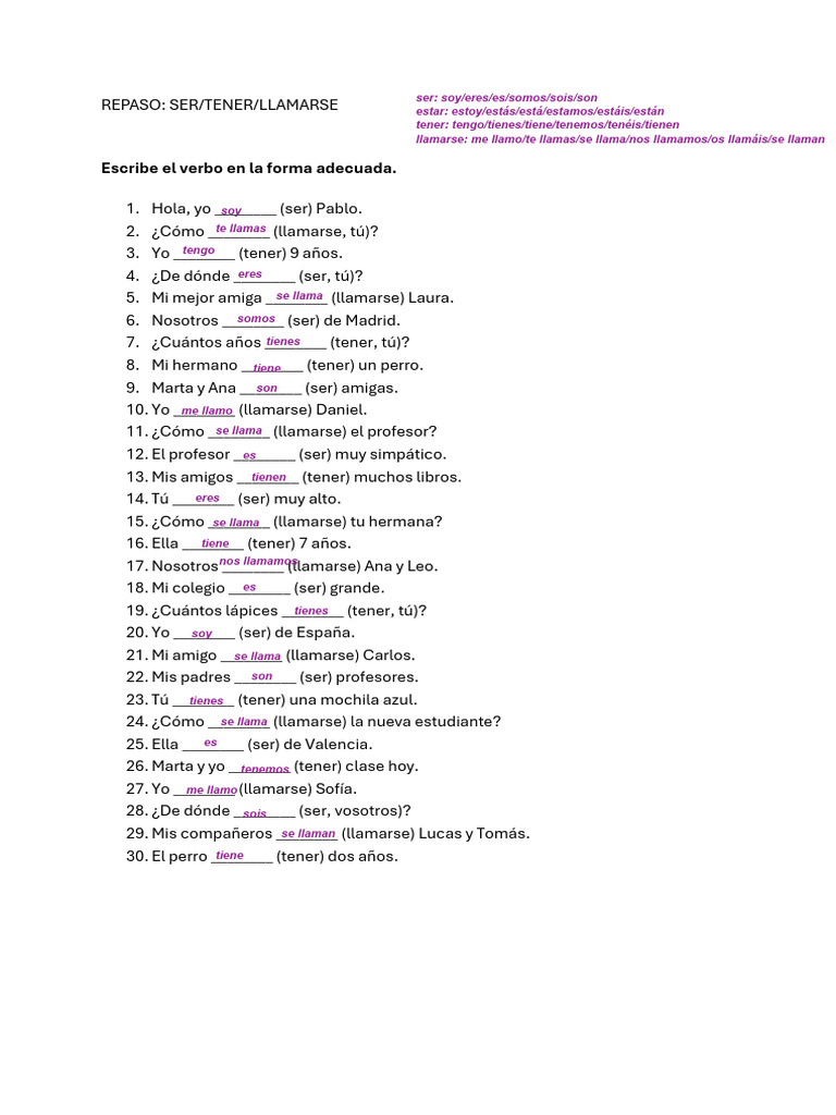 REPASO- Ser Estar Llamarse Tener | PDF