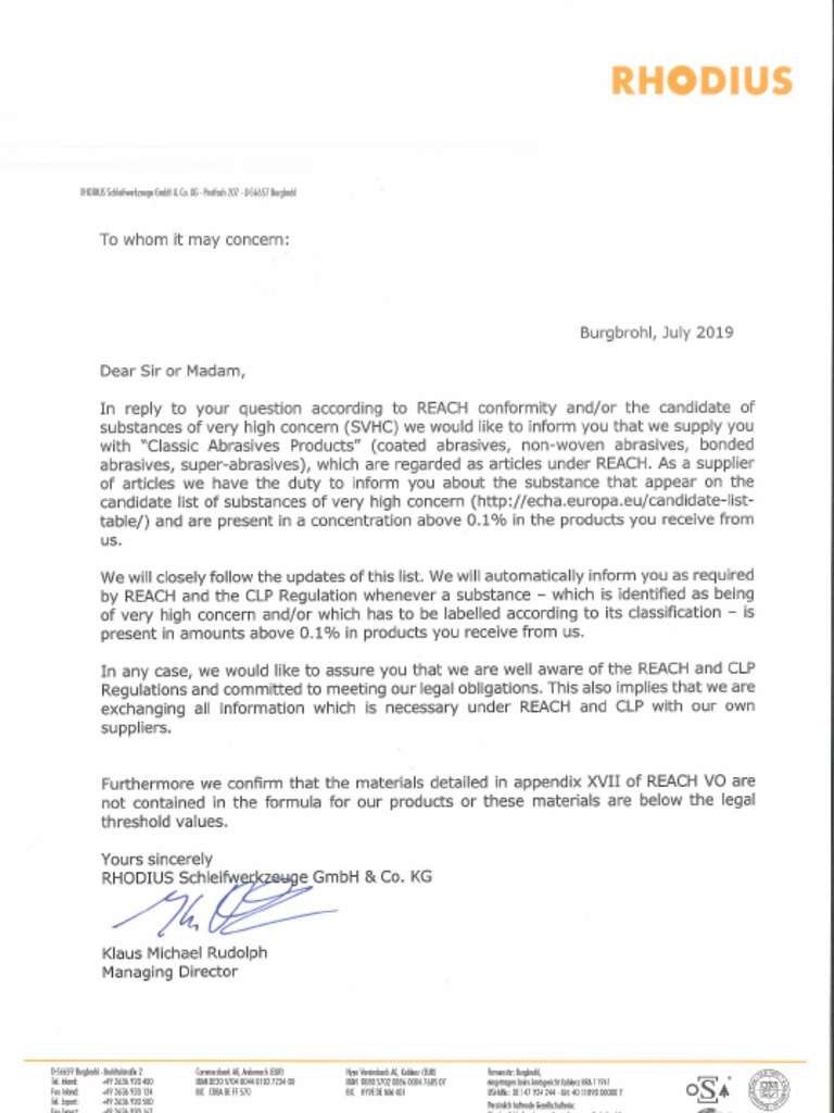 Rhodius Declaration Reach Regulation GB | PDF