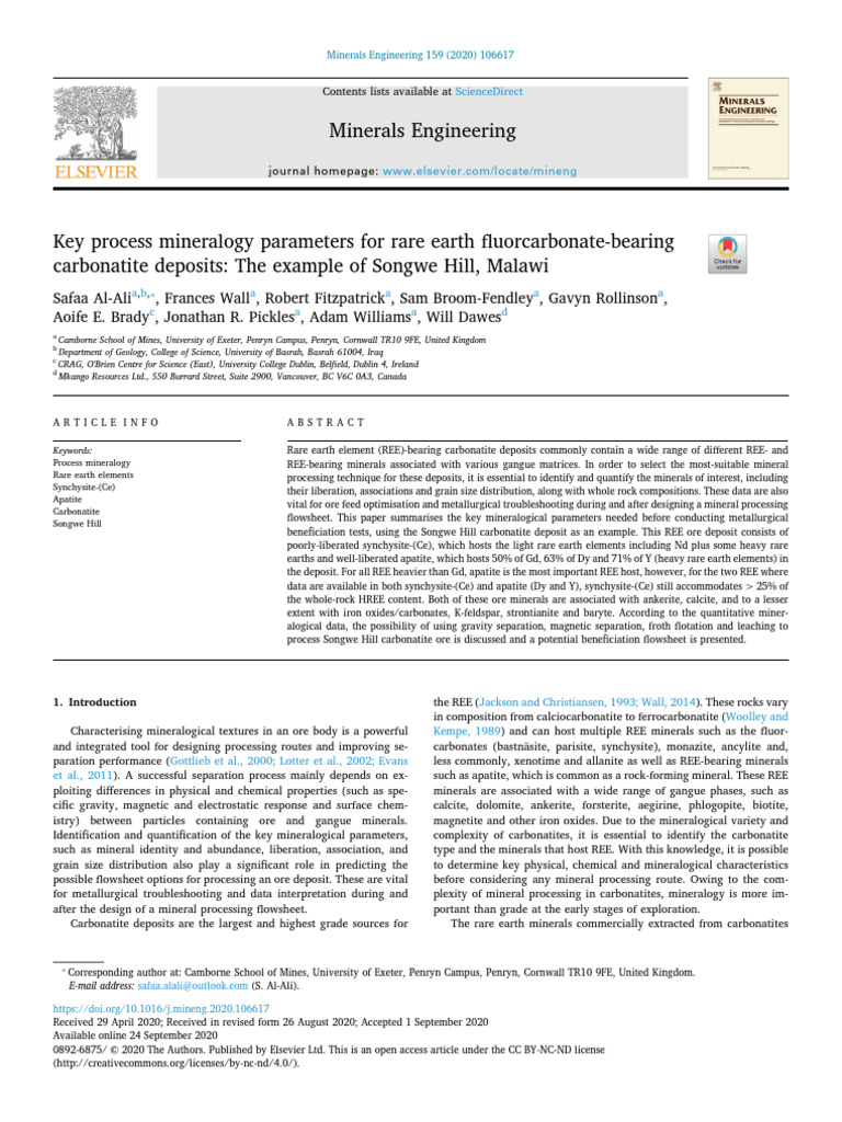 Key process mineralogy parameters for rare earth fluorcarbonate-bearing ...