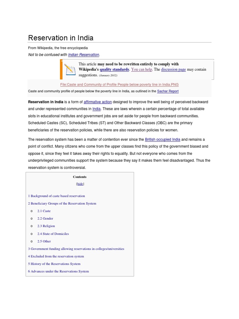 Reservation in India | PDF | Social Inequality | Discrimination & Race ...