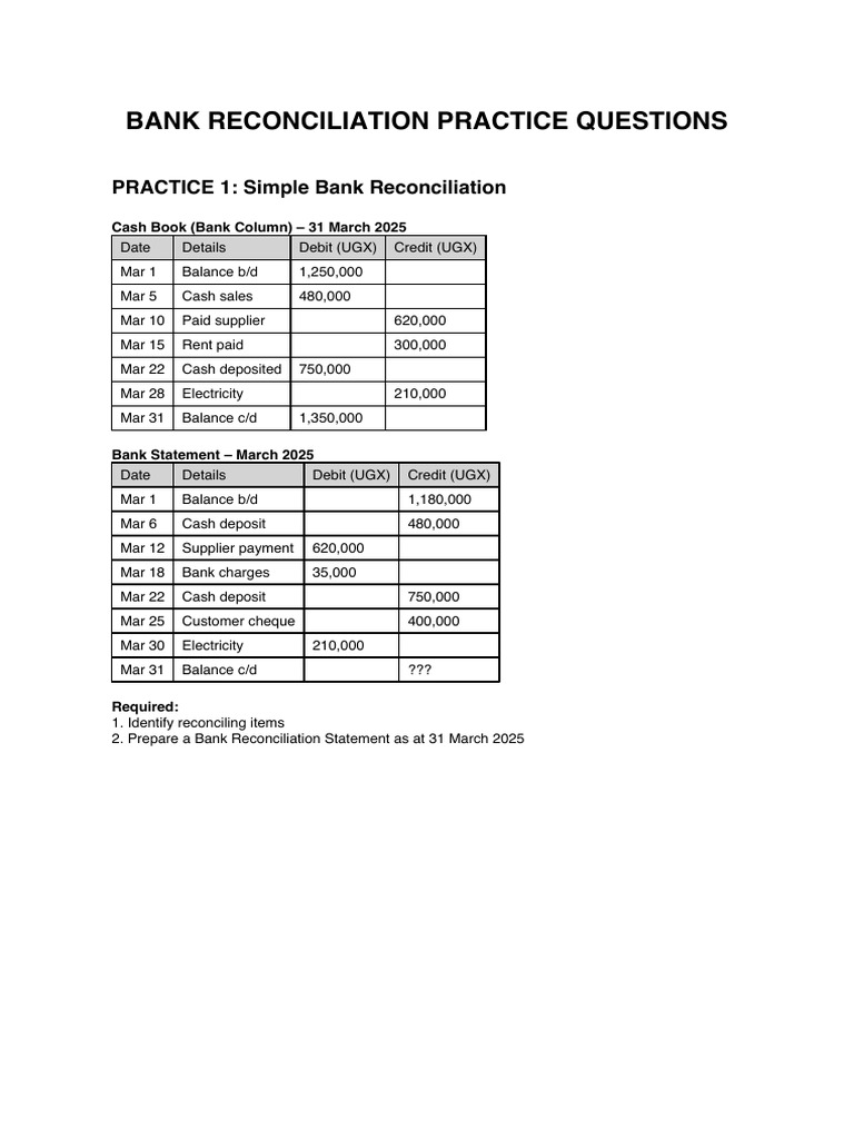 Bank Reconciliation Practice Questions | PDF