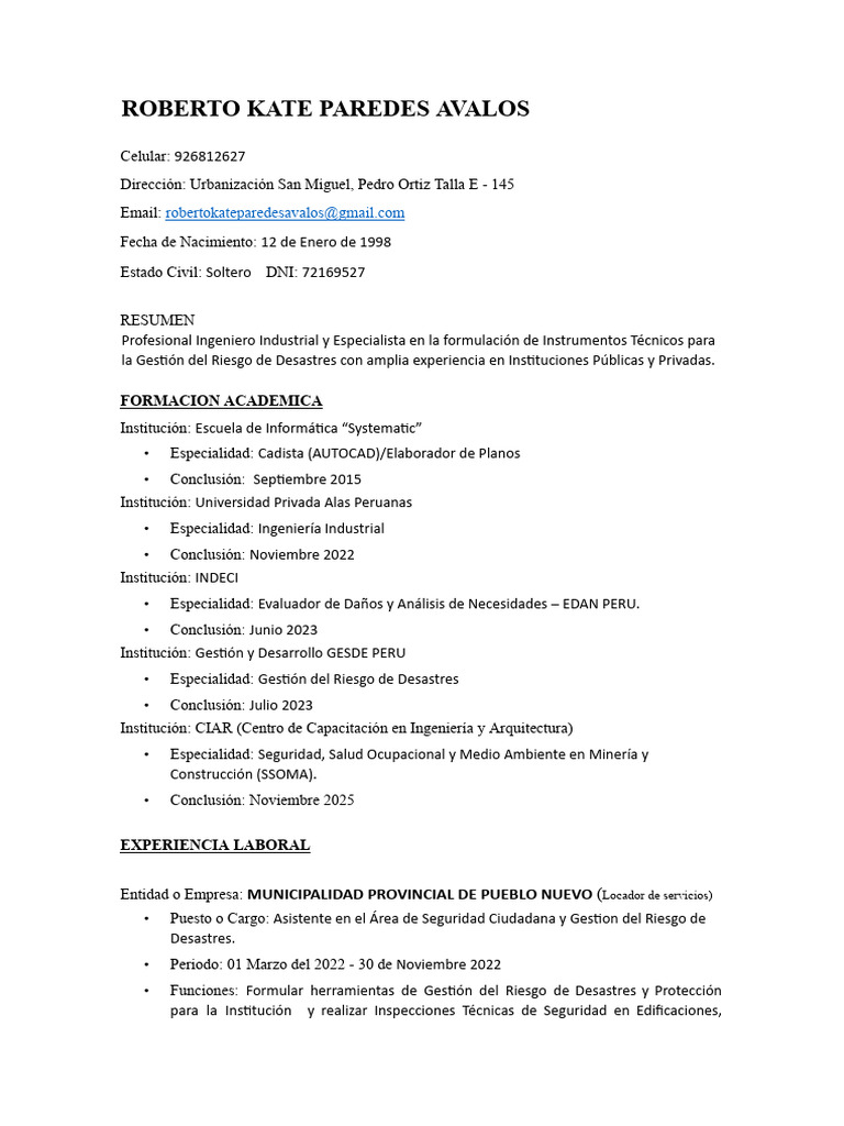 Roberto Kate Paredes Avalos Cv Para Obra | PDF