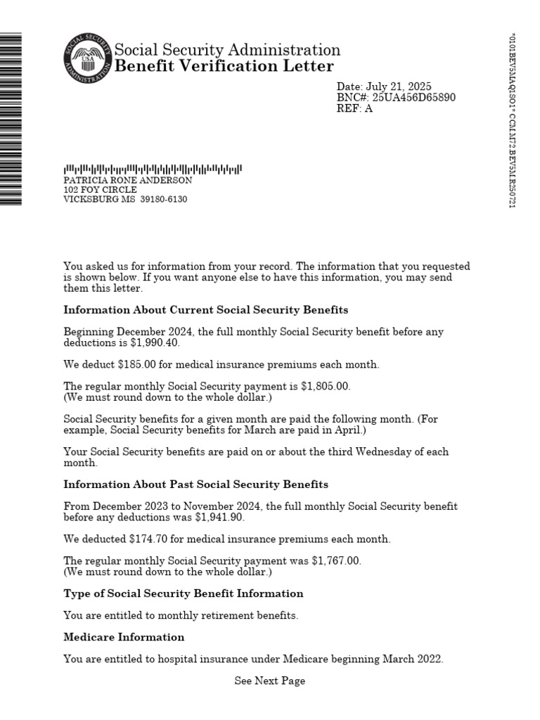 Social Security Benefit Verification Letter | PDF | Social Security ...
