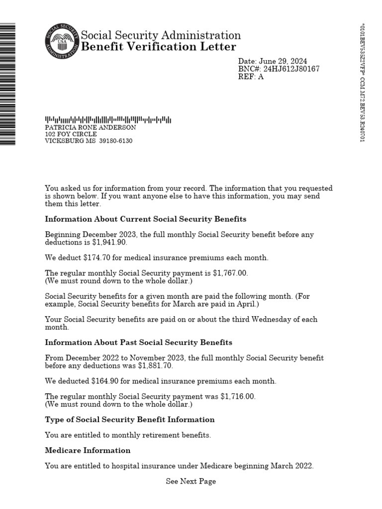 Benefit Verification Letter | PDF | Social Security (United States ...