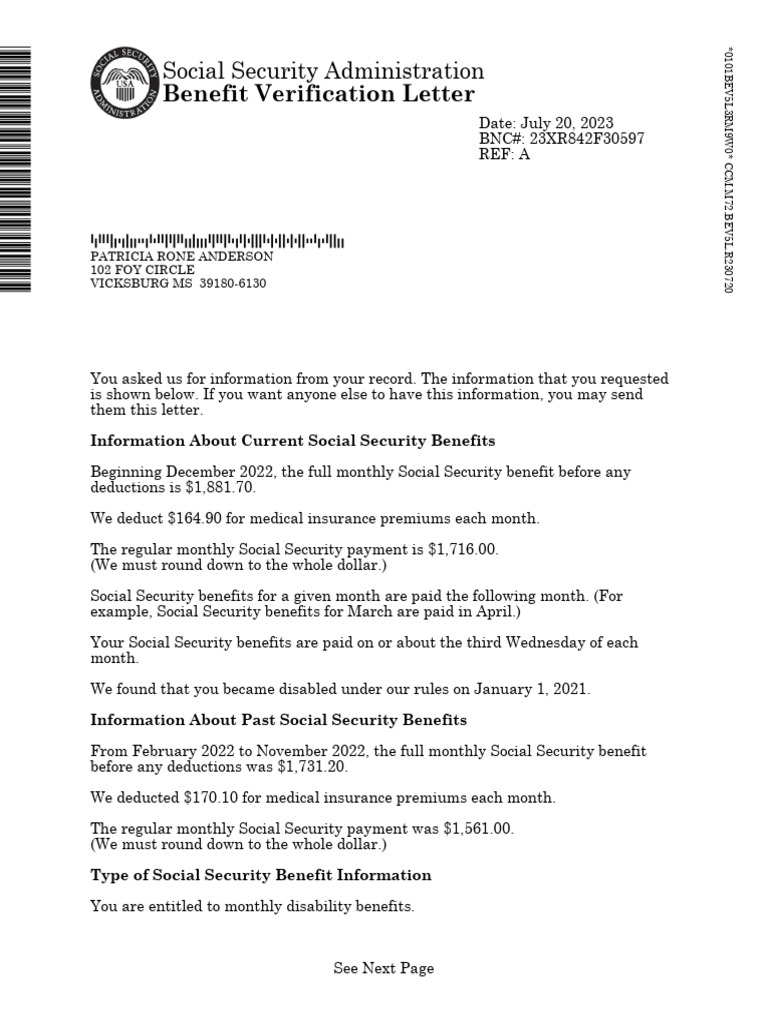 Benefit Verification Letter (5) | PDF | Social Security (United States ...