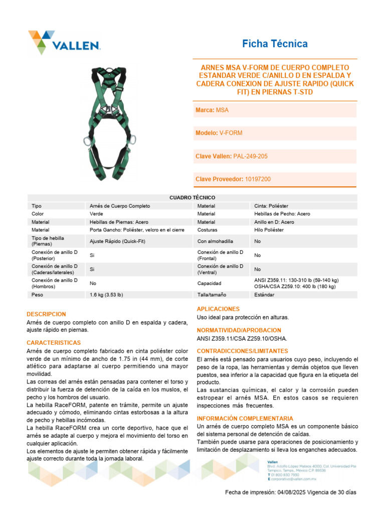 Arnés MSA V-FORM: Cuerpo Completo Verde | PDF