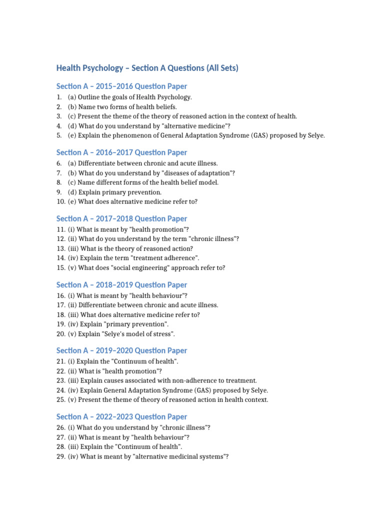 Health Psychology Exam Questions Overview | PDF | Stress (Biology ...