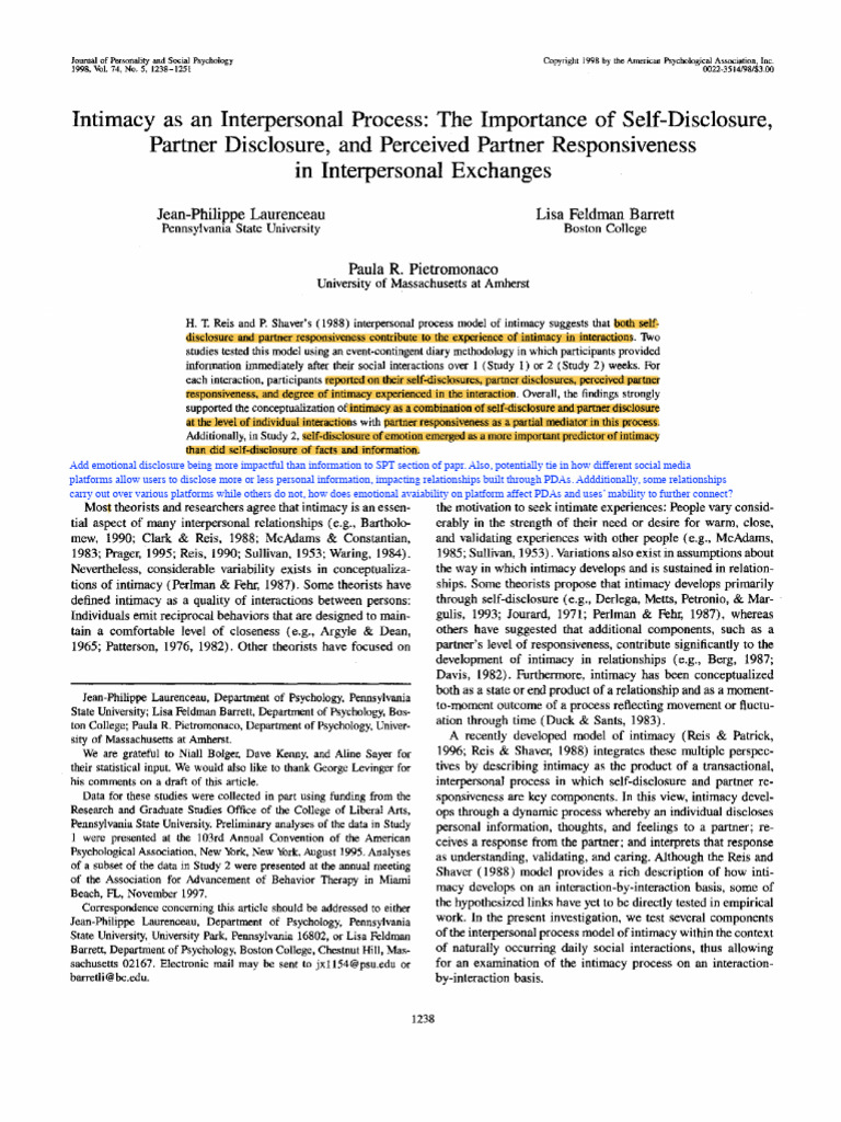 Intimacy As An Interpersonal Process: The Importance of Self-Disclosure ...