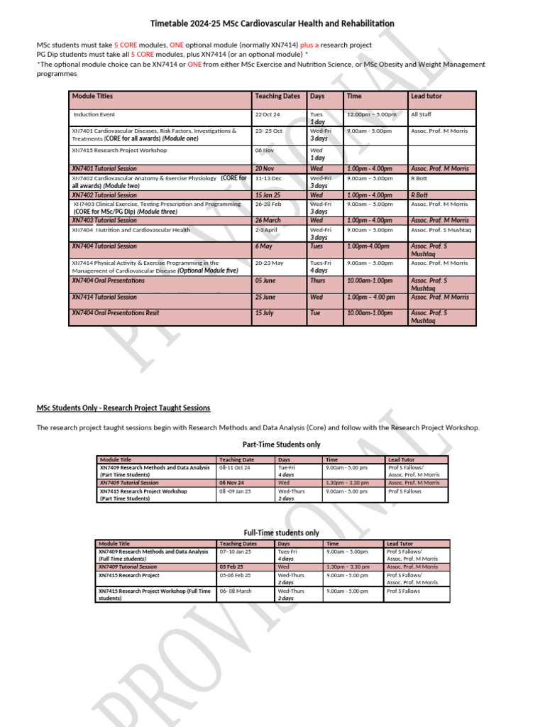 MSC CVHR Timetable 2024 25 Provisional | PDF | Health Care ...