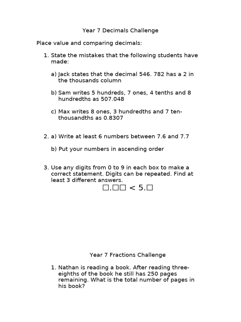 Year 7 Decimals and Fractions Challenges | PDF | Decimal | Arithmetic