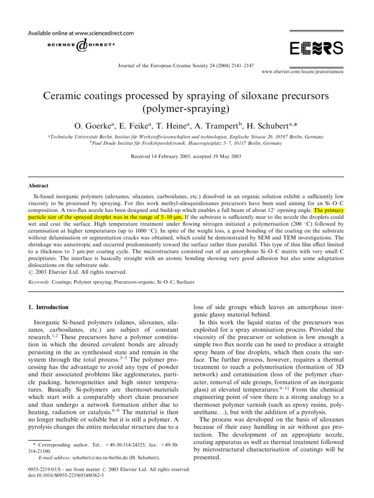 Ceramic Coatings Processed by Spraying of Siloxane Precursors (Polymer ...