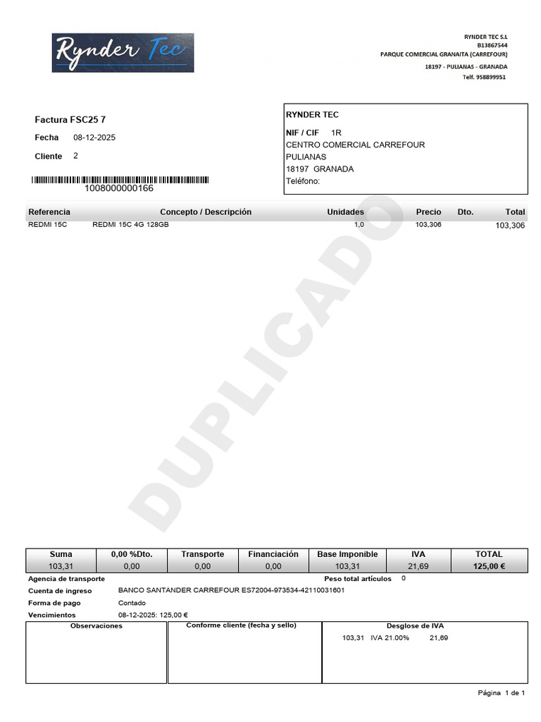 Factura de Compra: REDMI 15C 128GB | PDF