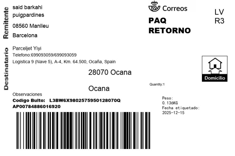 PAQ Retorno: 28070 Ocana Ocana | PDF