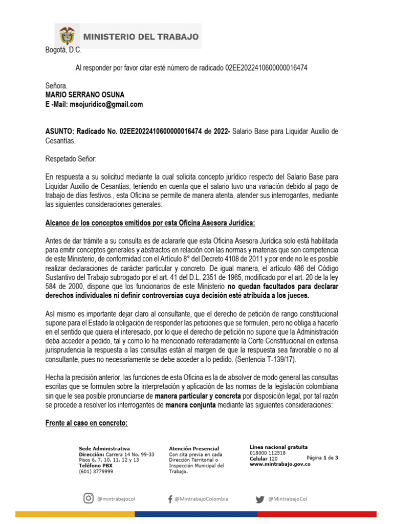 Concepto MinTrabajo 16474 (28!11!2022 Salario Base Para Liquidar ...