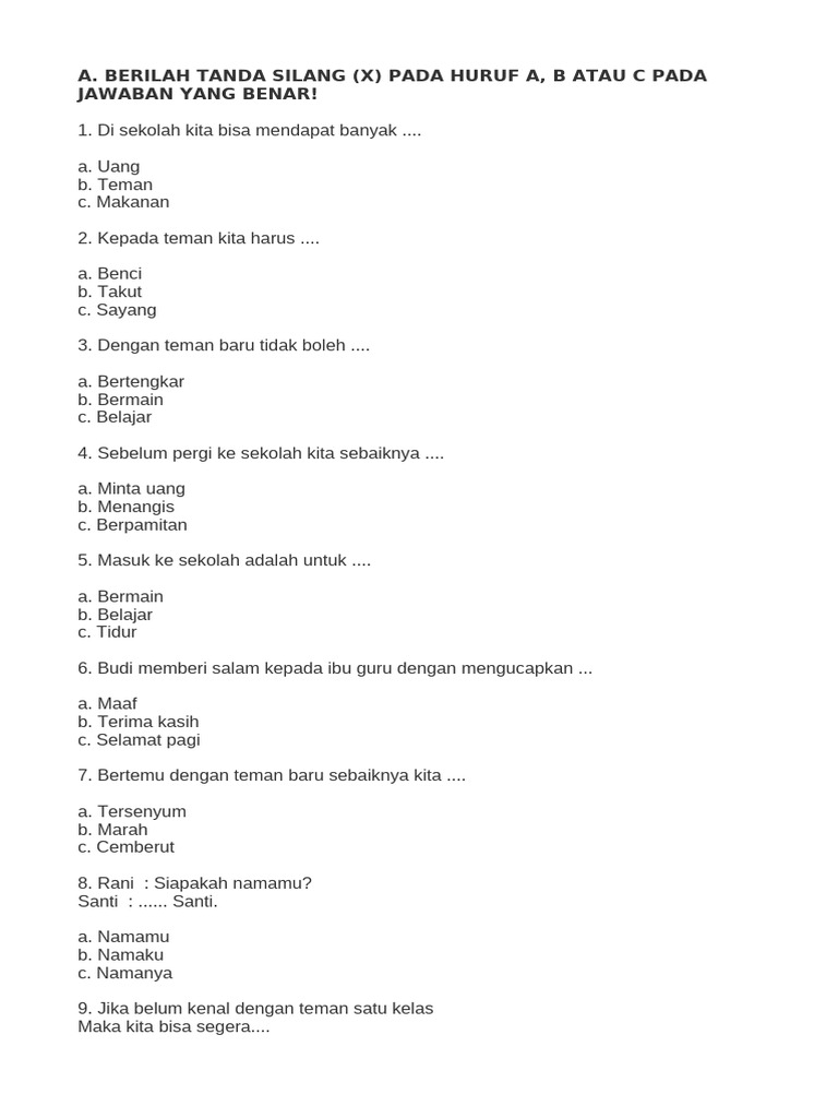 Soal Tematik Kelas 1 SD: Diriku dan Teman Baru | PDF