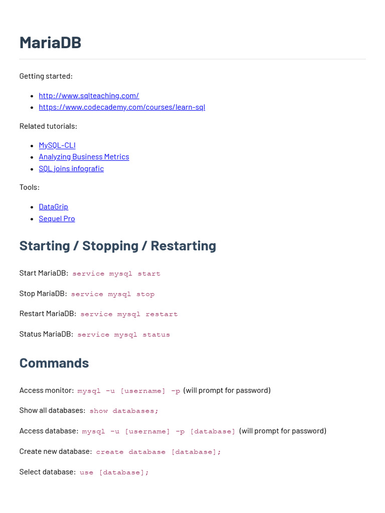 MariaDB Commands Cheatsheet | PDF | Table (Database) | Information Retrieval