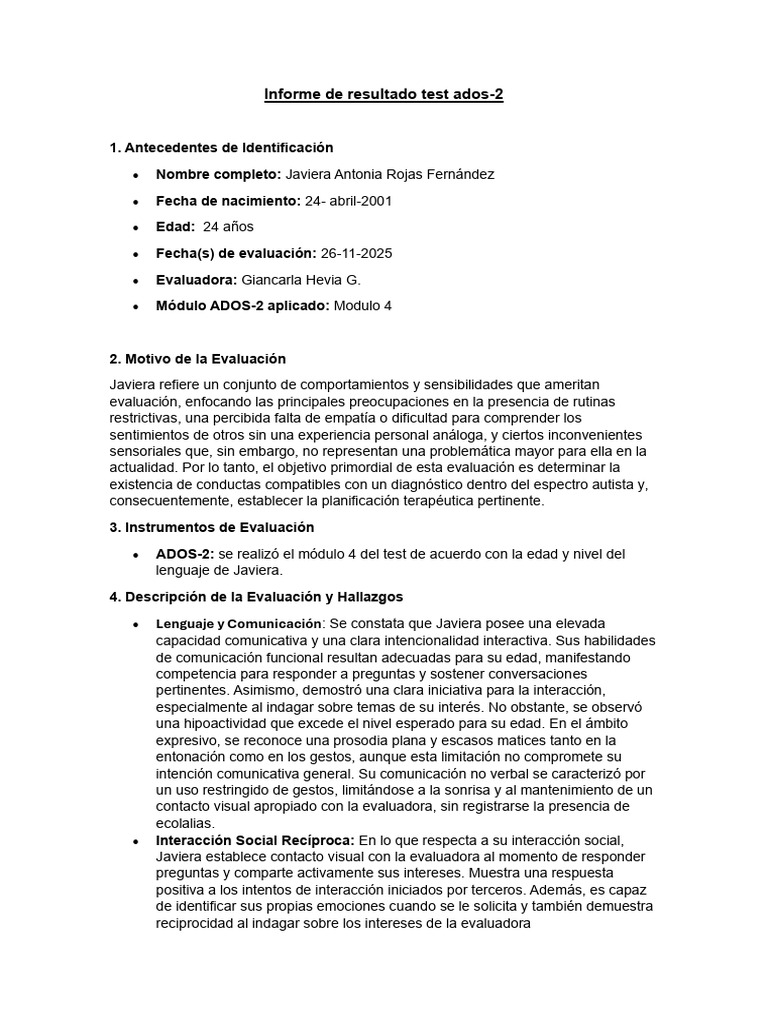 Informe ADOS-2: Evaluación de Javiera Rojas | PDF | Las emociones | Autismo