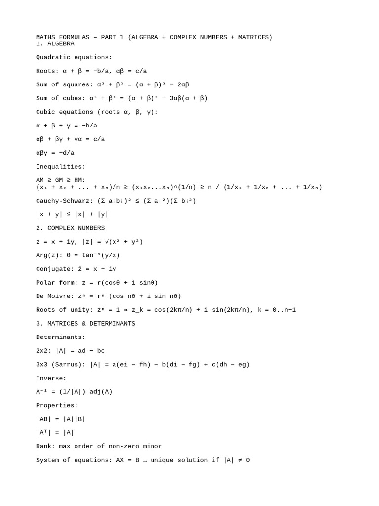 Mathematics Formula Sheet | PDF | Determinant | Equations