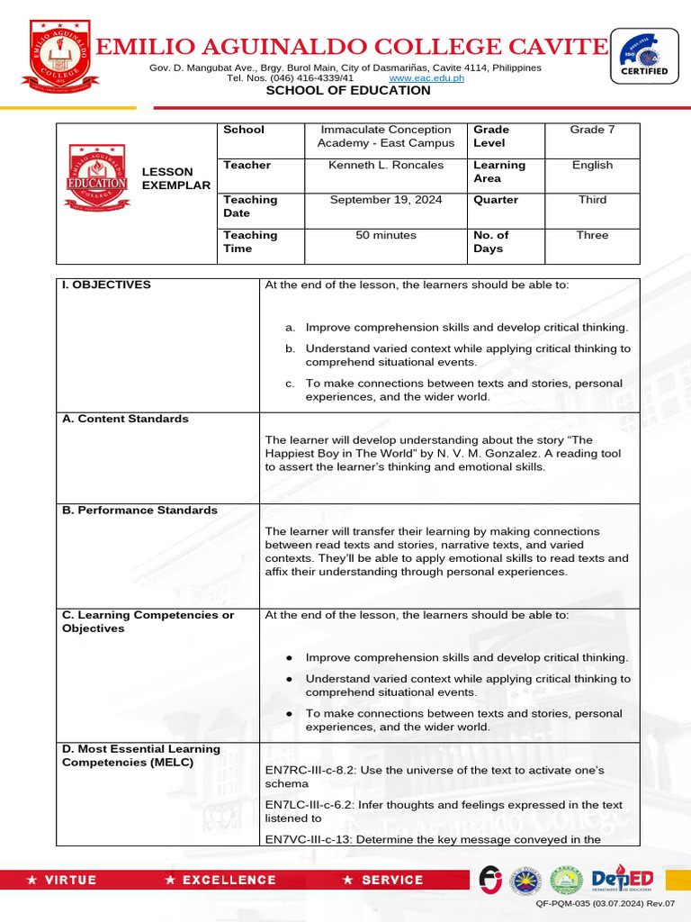Grade 7 English Lesson Plan: The Happiest Boy | PDF | Reading ...