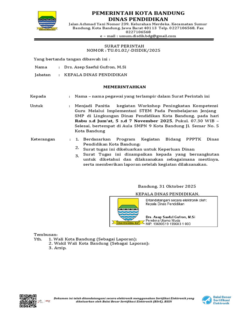 Surat Perintah Workshop STEM SMP Bandung | PDF