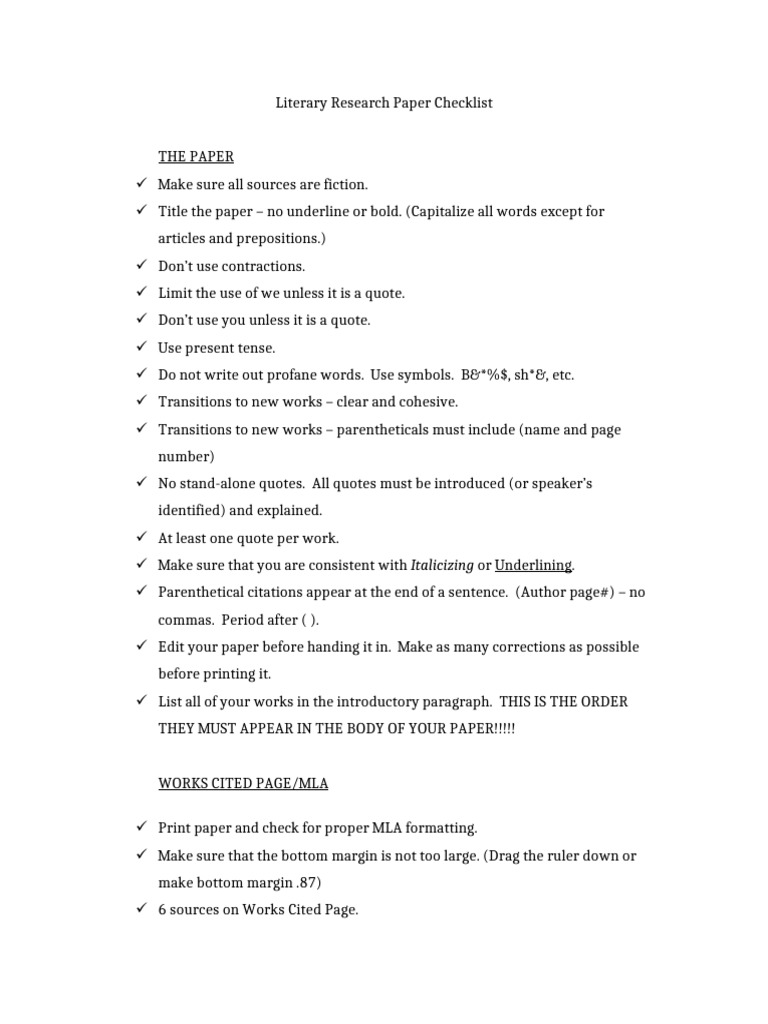 Literary Research Paper Checklist 2025 | PDF