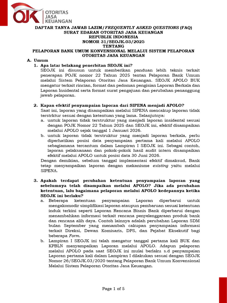 Panduan Pelaporan Bank Melalui APOLO | PDF