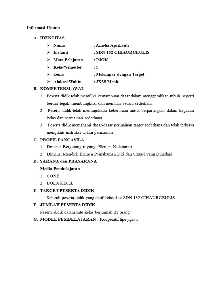 Pembelajaran PJOK: Melempar Target Kelas 5 | PDF