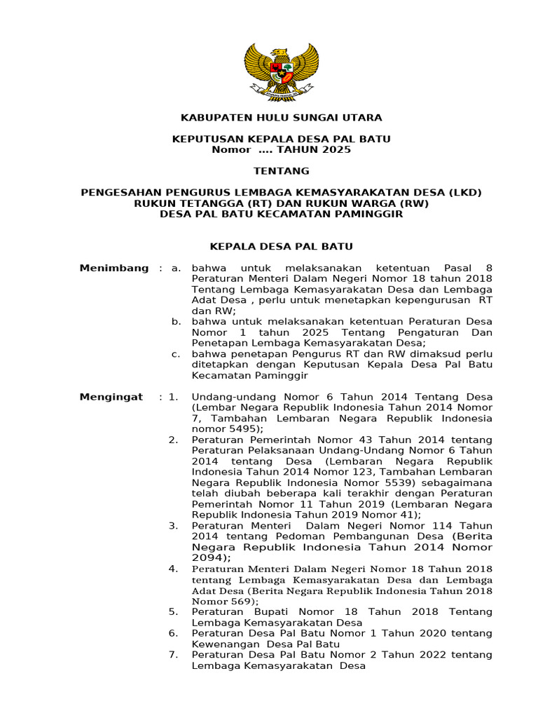 Pengesahan Pengurus LKD Desa Pal Batu | PDF