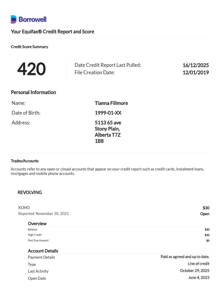 Equifax Credit Report Summary for Tianna Fillmore | PDF | Credit ...