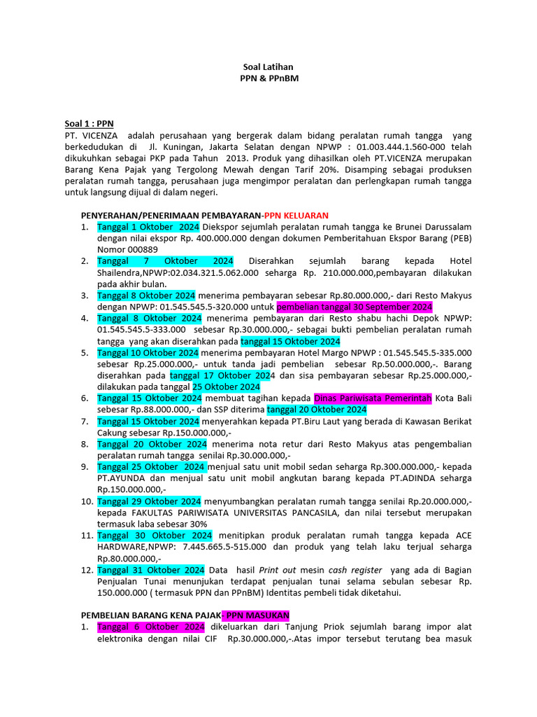 Soal Latihan PPN dan PPnBM Oktober 2024 | PDF